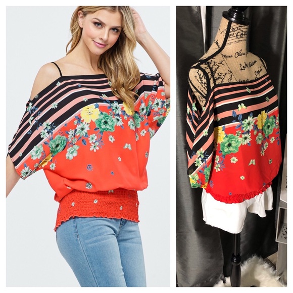 Tops | Open Shoulder Floral Stripe Adjustable Strap Top | Poshmark
